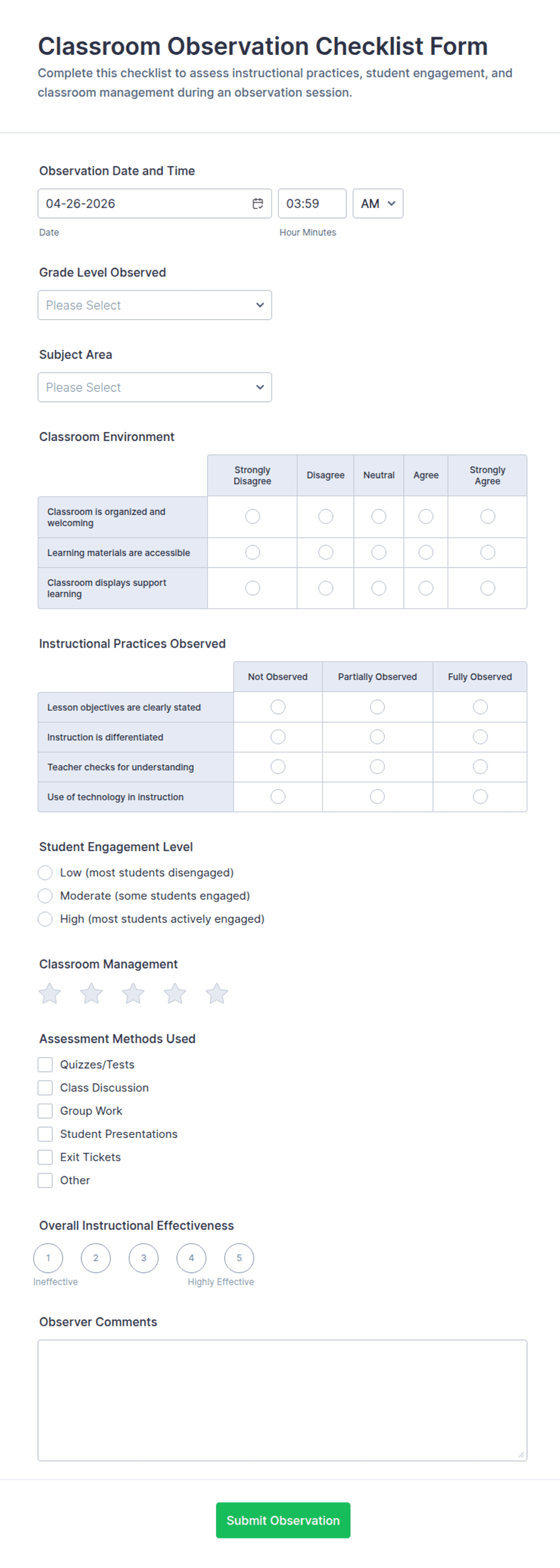 Classroom Observation Checklist Form Template | Jotform