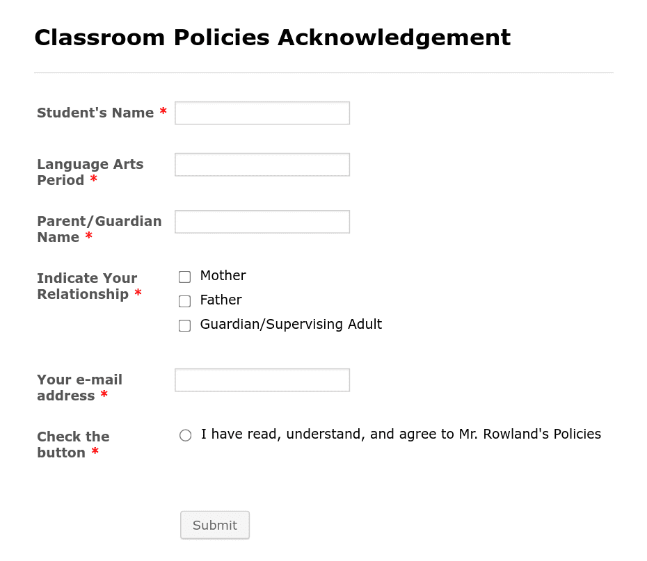 Classroom Policies Acknowledgement Form Template | Jotform