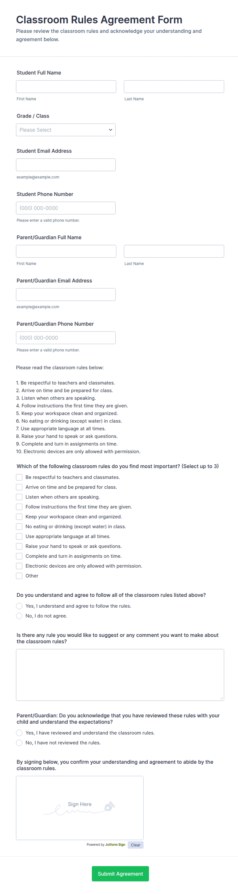 Classroom Rules Agreement Form Template | Jotform