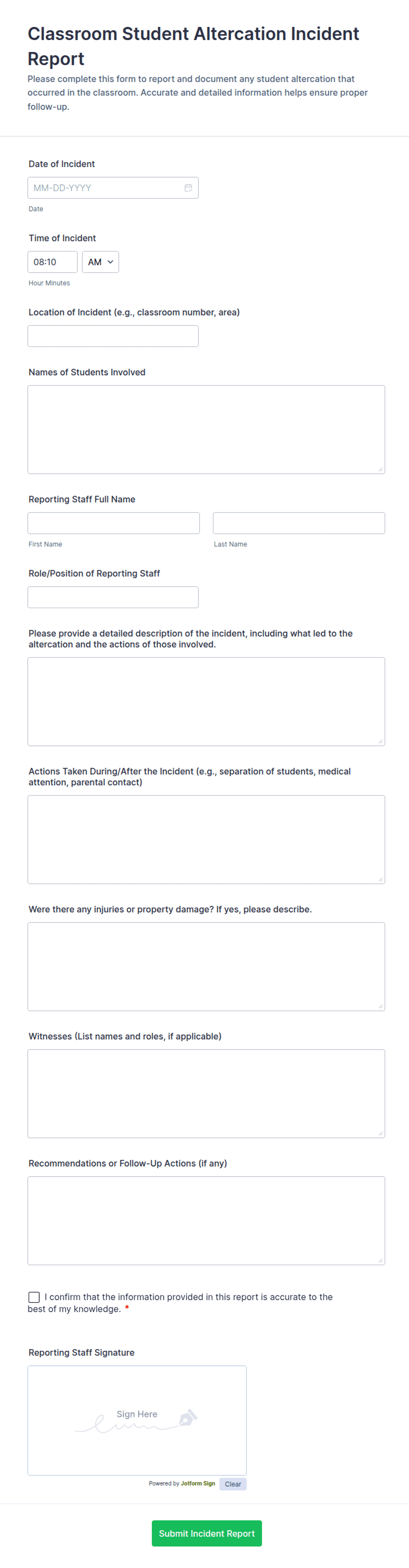 Classroom Student Altercation Incident Report Form Template | Jotform
