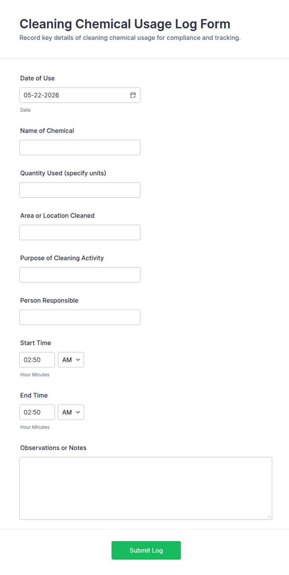 Cleaning Chemical Usage Log Form Template | Jotform