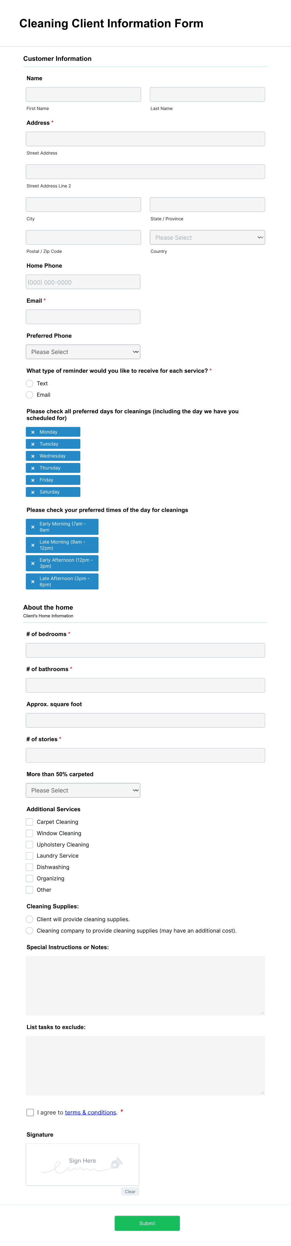 Cleaning Client Information Form Template | Jotform