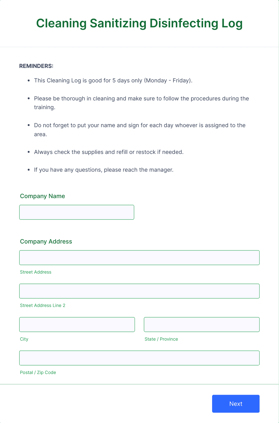 Cleaning Sanitizing Disinfecting Log Form Template | Jotform