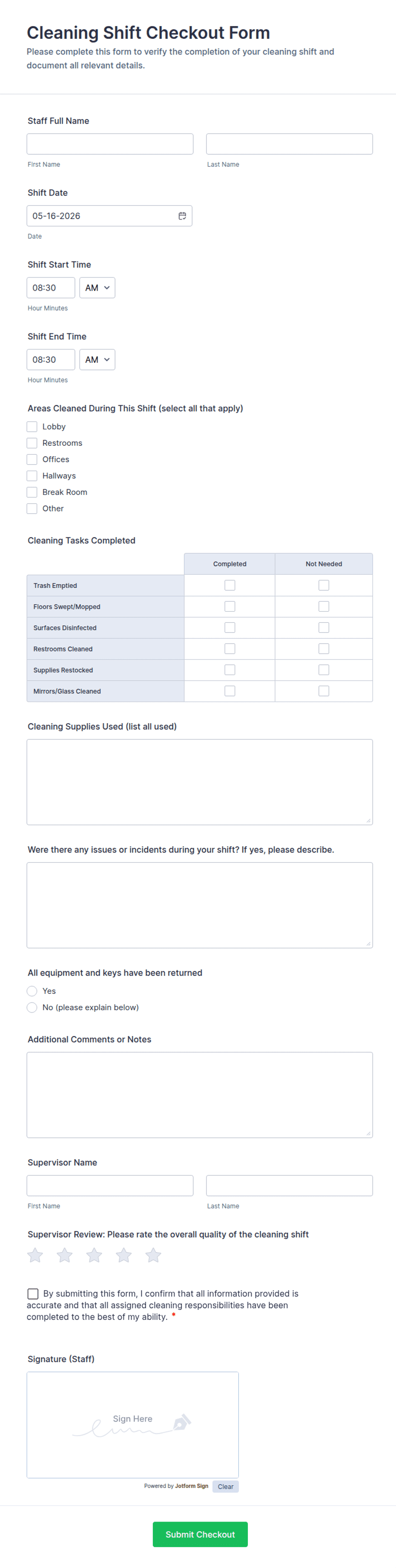 Cleaning Shift Checkout Form Template | Jotform
