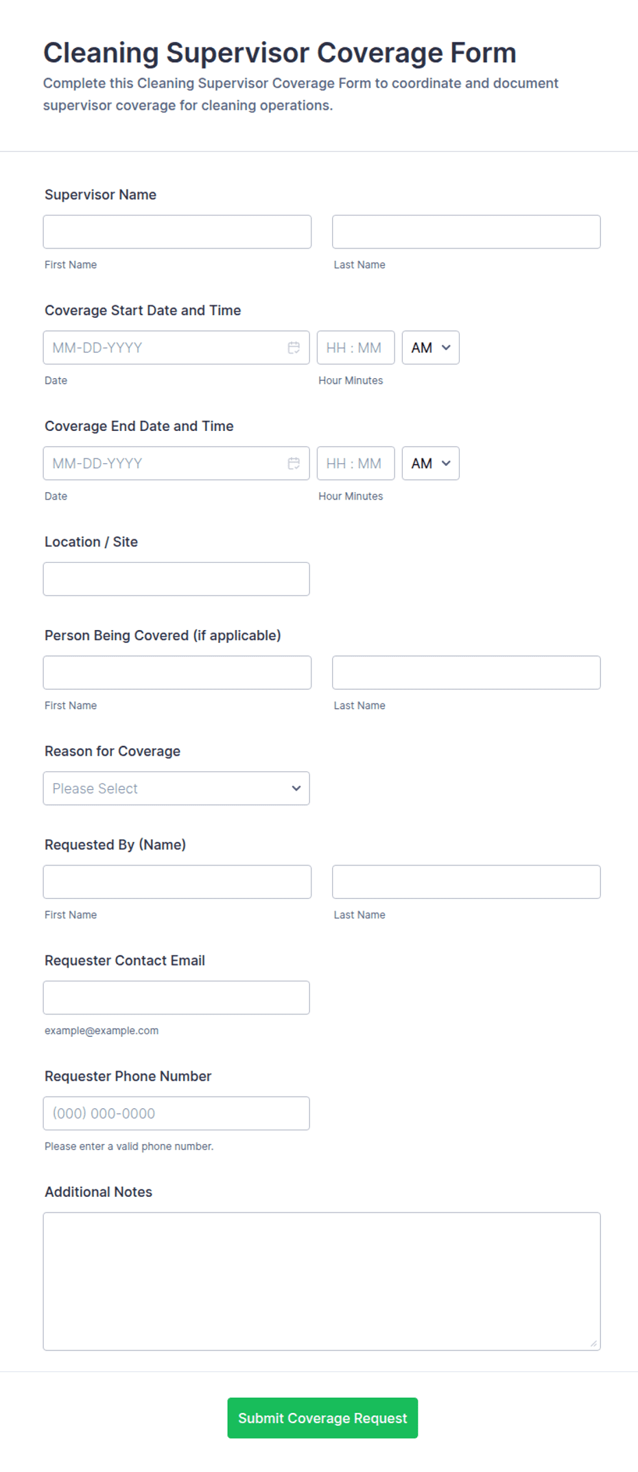 Cleaning Supervisor Coverage Form Template | Jotform