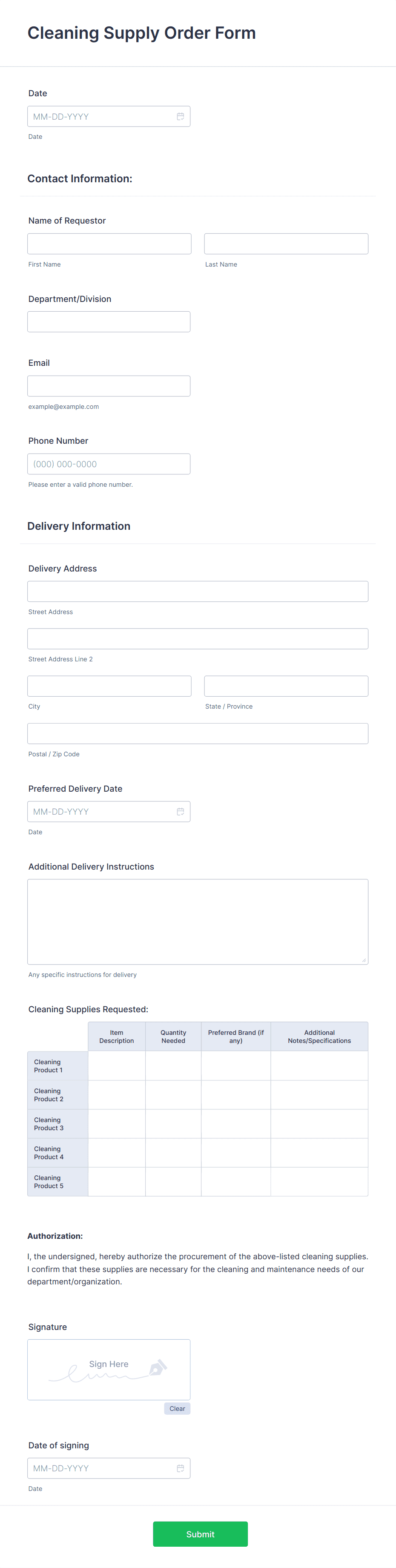 Cleaning Supply Order Form Template | Jotform