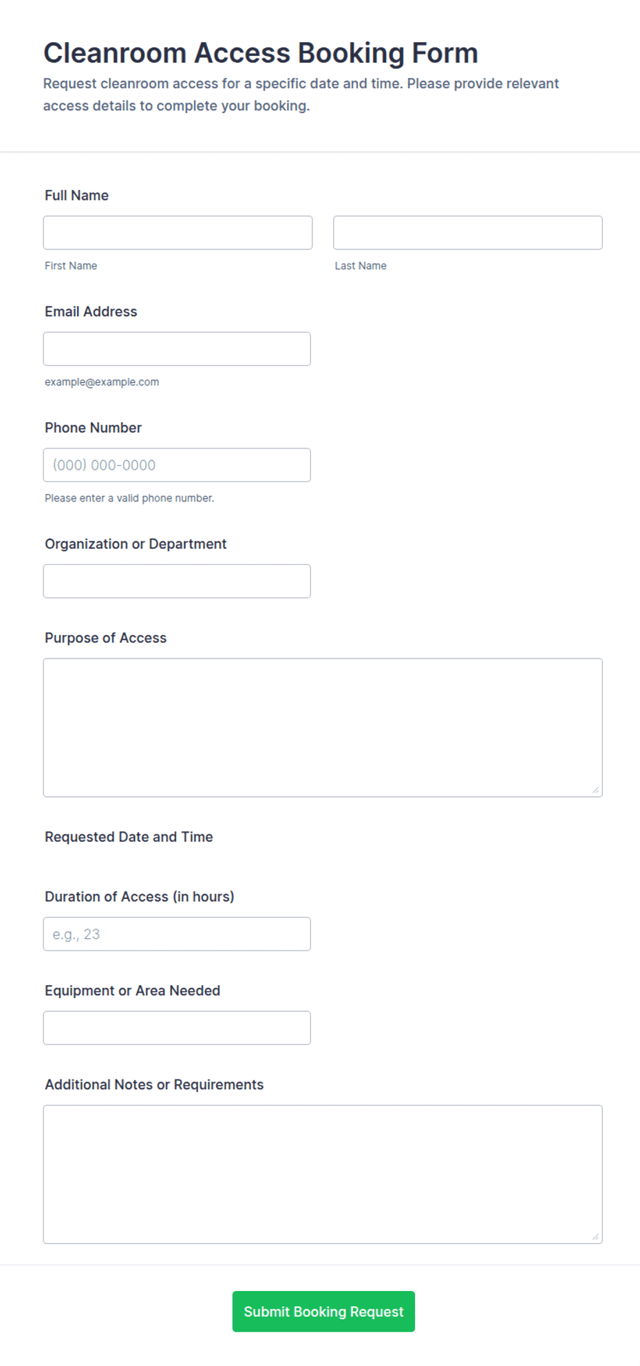 Cleanroom Access Booking Form Template | Jotform