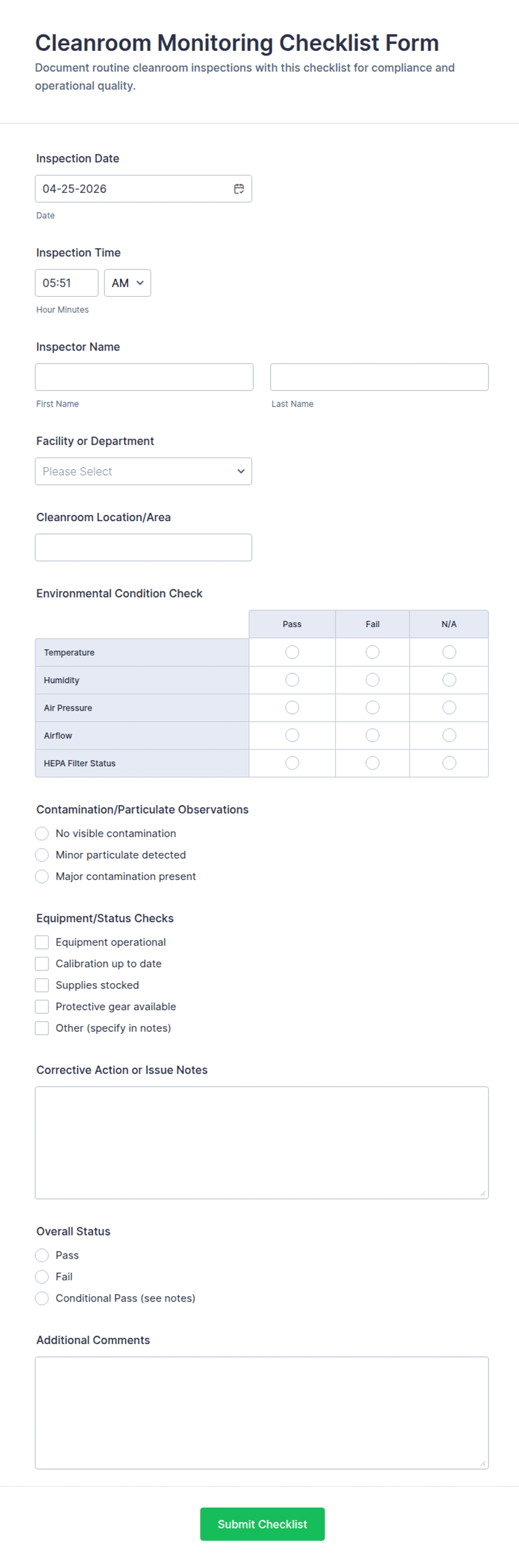Cleanroom Monitoring Checklist Form Template | Jotform