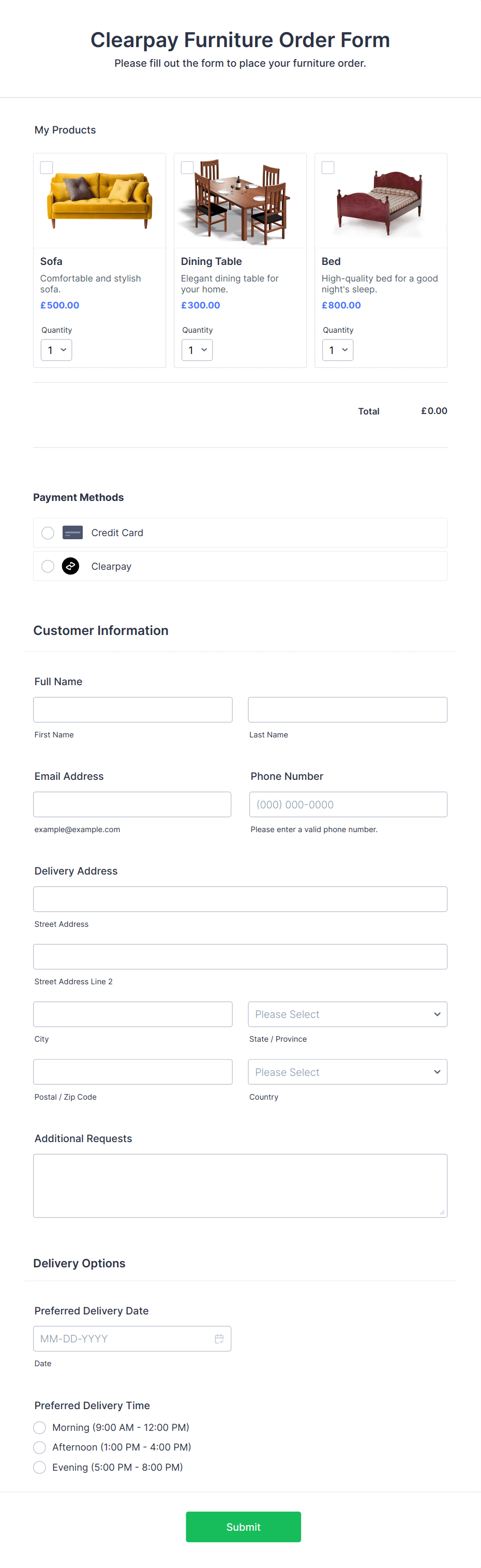 Clearpay Furniture Order Form Template | Jotform