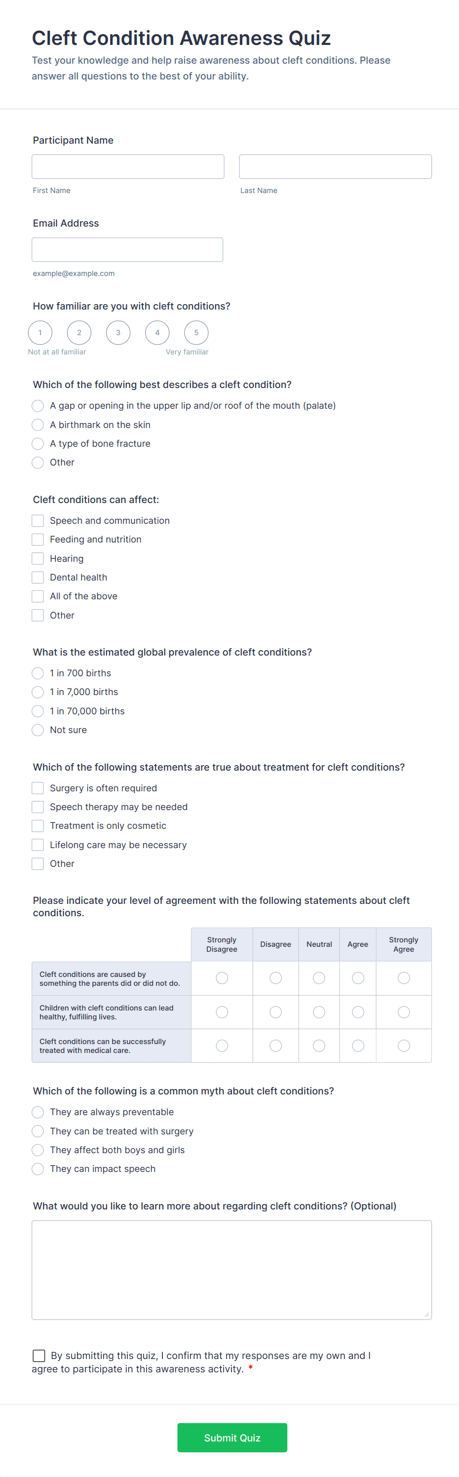 Cleft Condition Awareness Quiz Form Template | Jotform