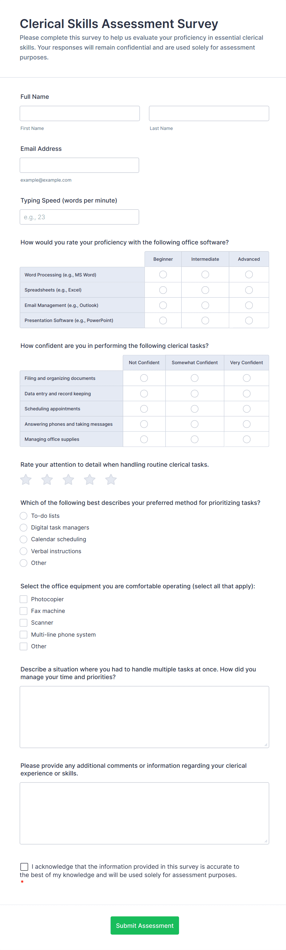 Clerical Skills Assessment Survey Form Template | Jotform