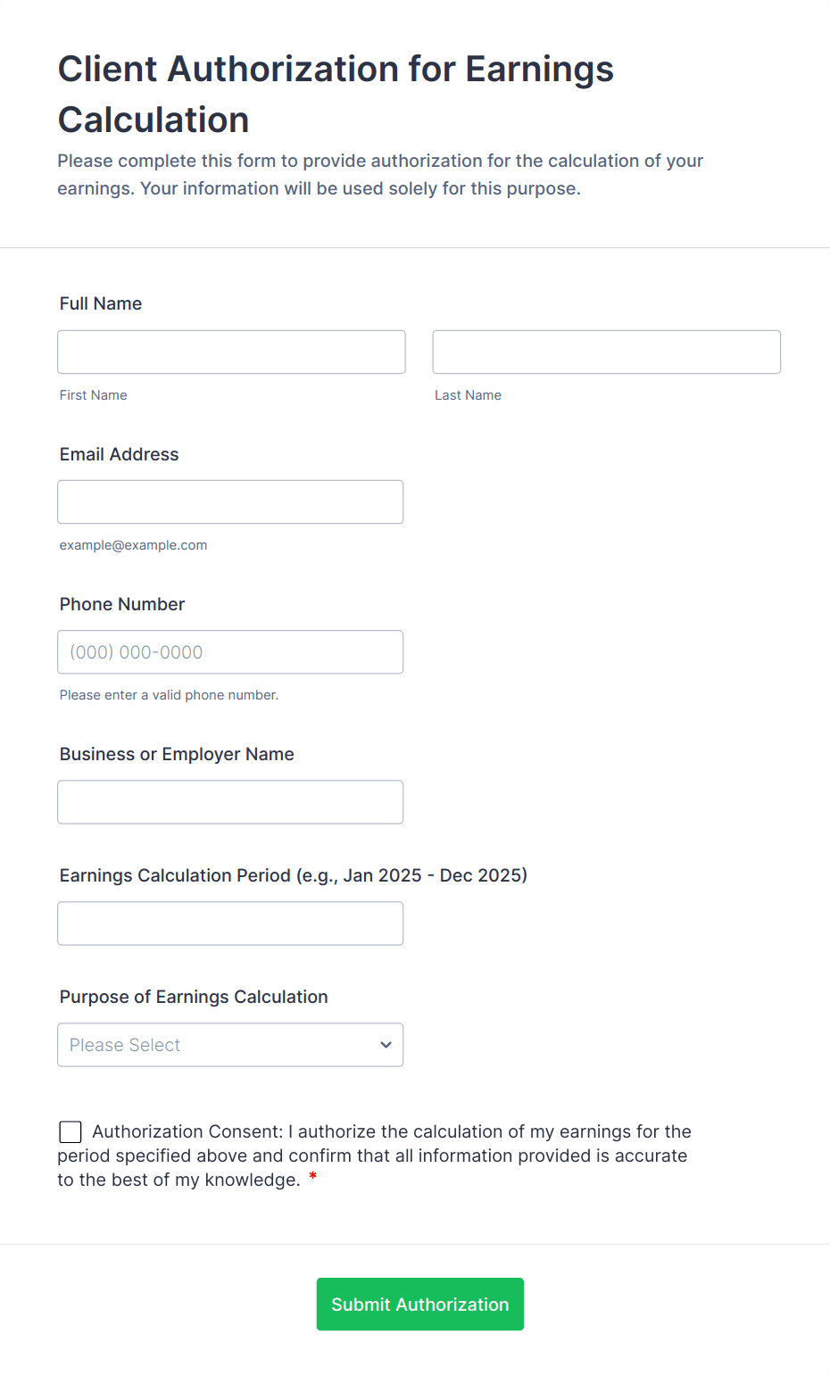 Client Authorization for Earnings Calculation Form Template | Jotform