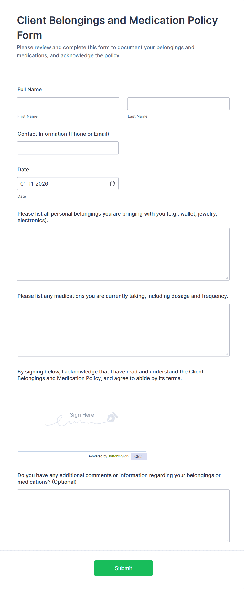 Client Belongings and Medication Policy Form Template | Jotform