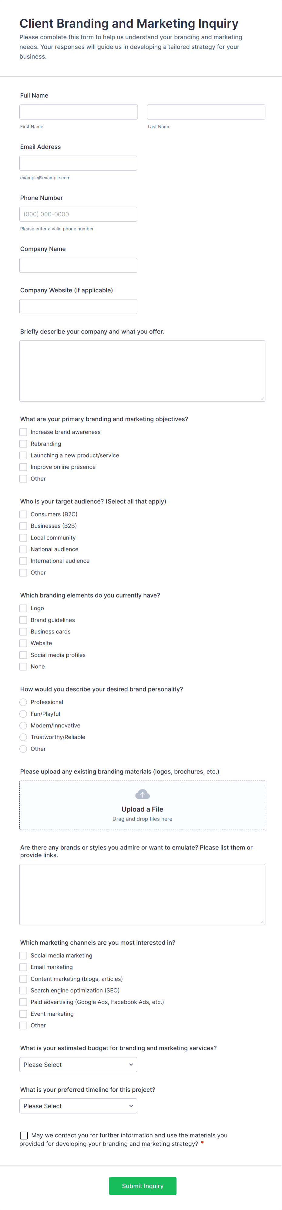 Client Branding and Marketing Inquiry Form Template | Jotform