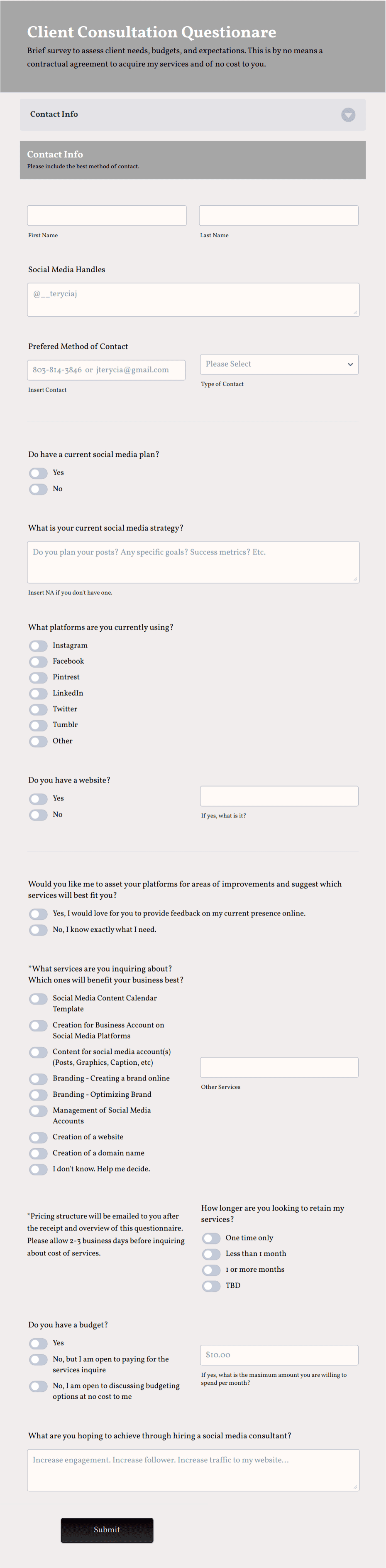 Client Consultation Questionare Form Template | Jotform
