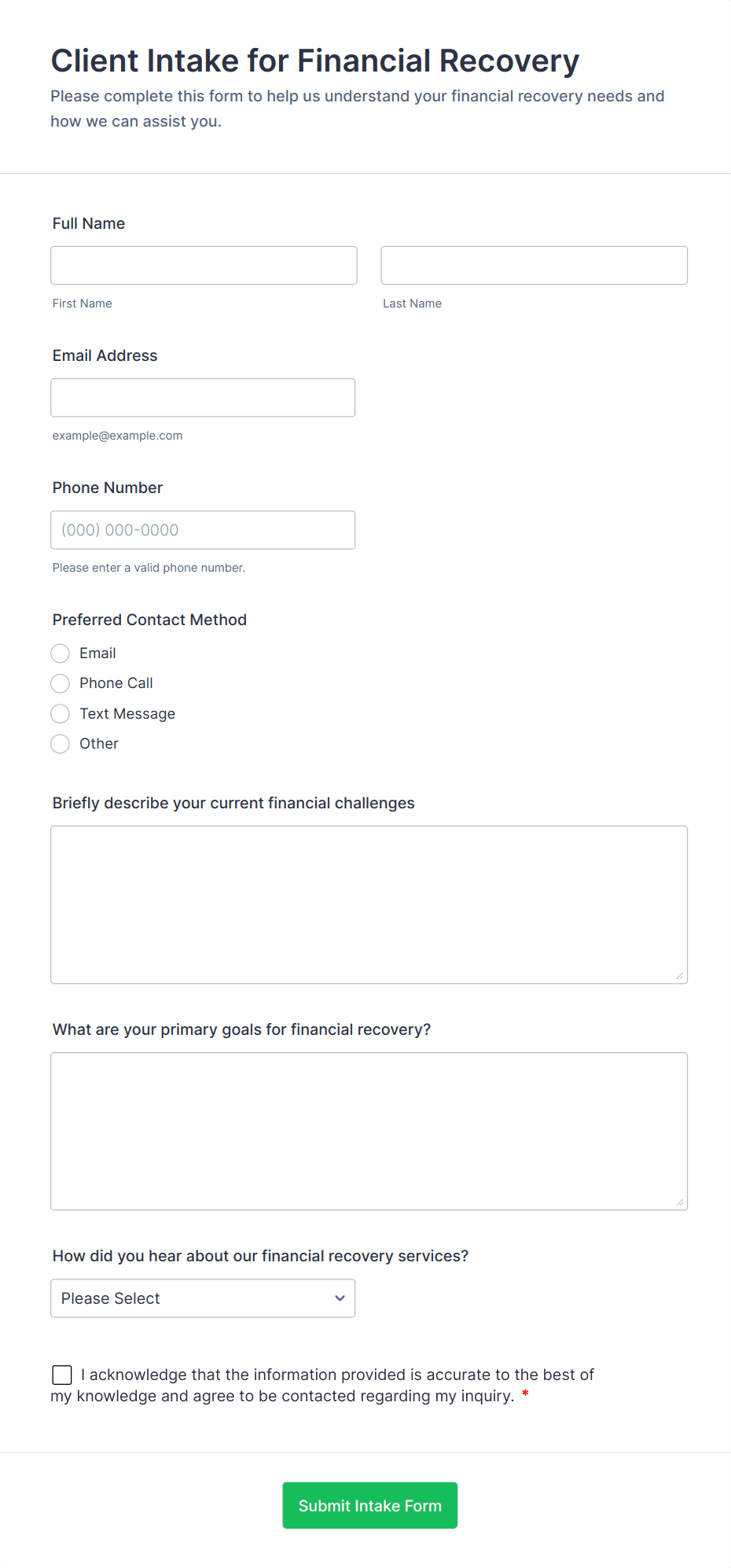 Client Intake for Financial Recovery Form Template | Jotform