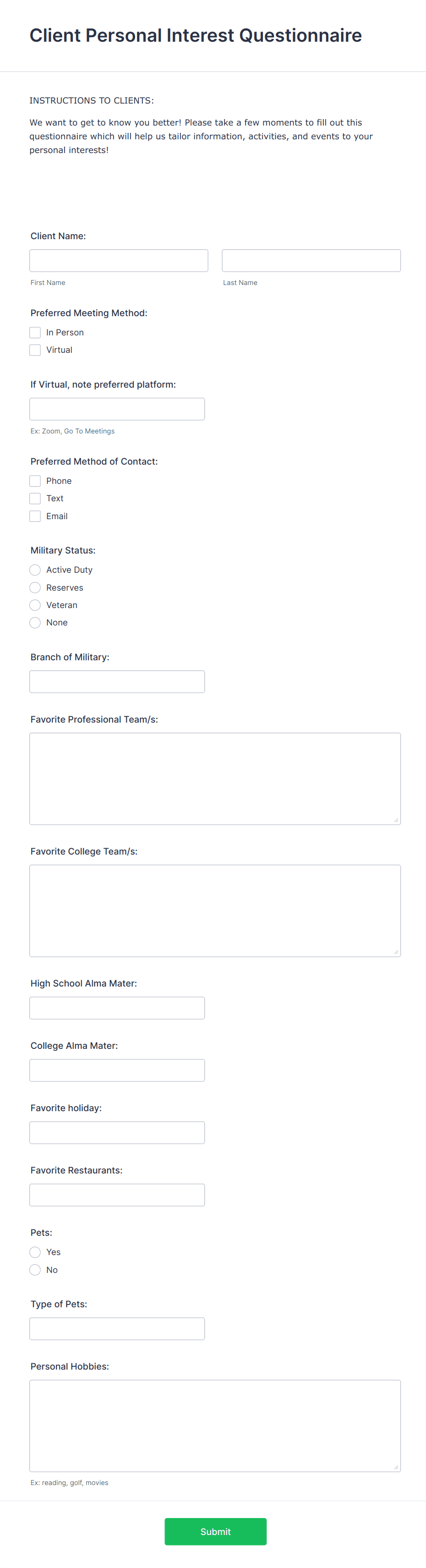 Client Personal Interest Questionnaire Form Template | Jotform