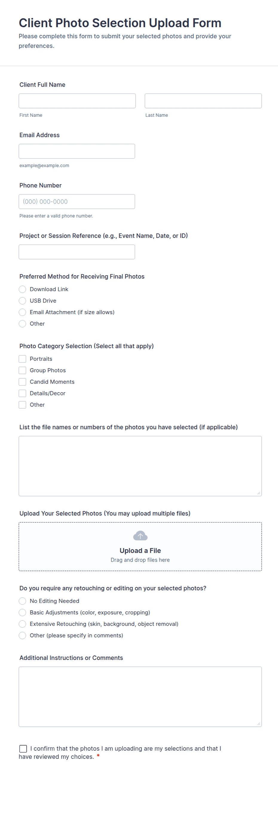 Client Photo Selection Upload Form Template | Jotform