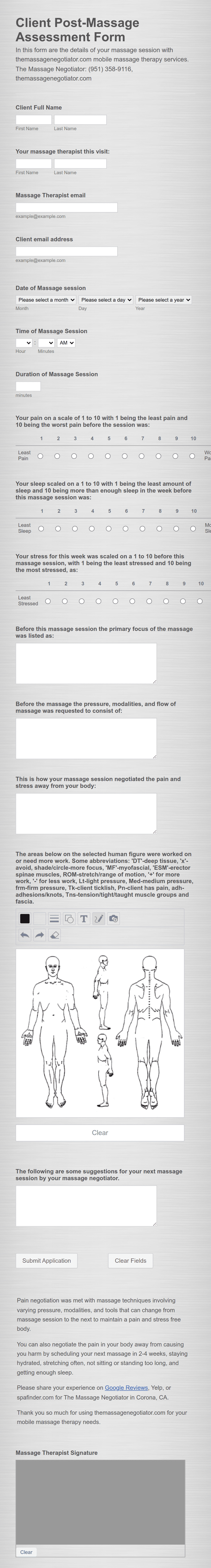 Client Post-Massage Assessment Form Template | Jotform