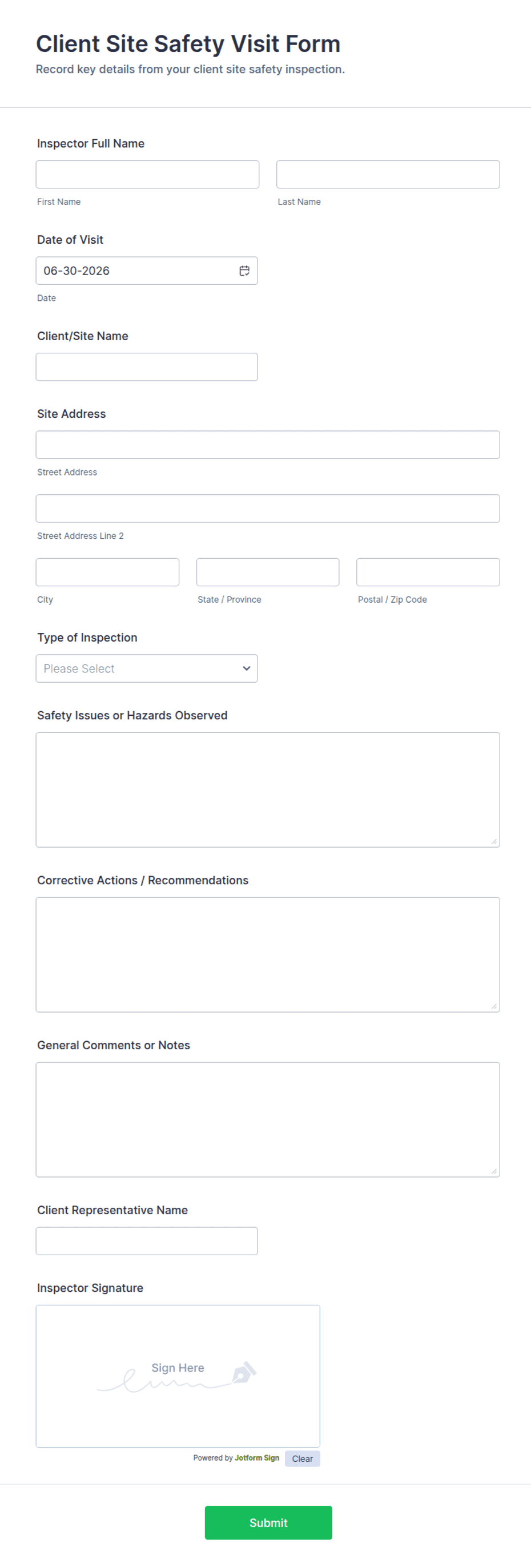 Client Site Safety Visit Form Template | Jotform
