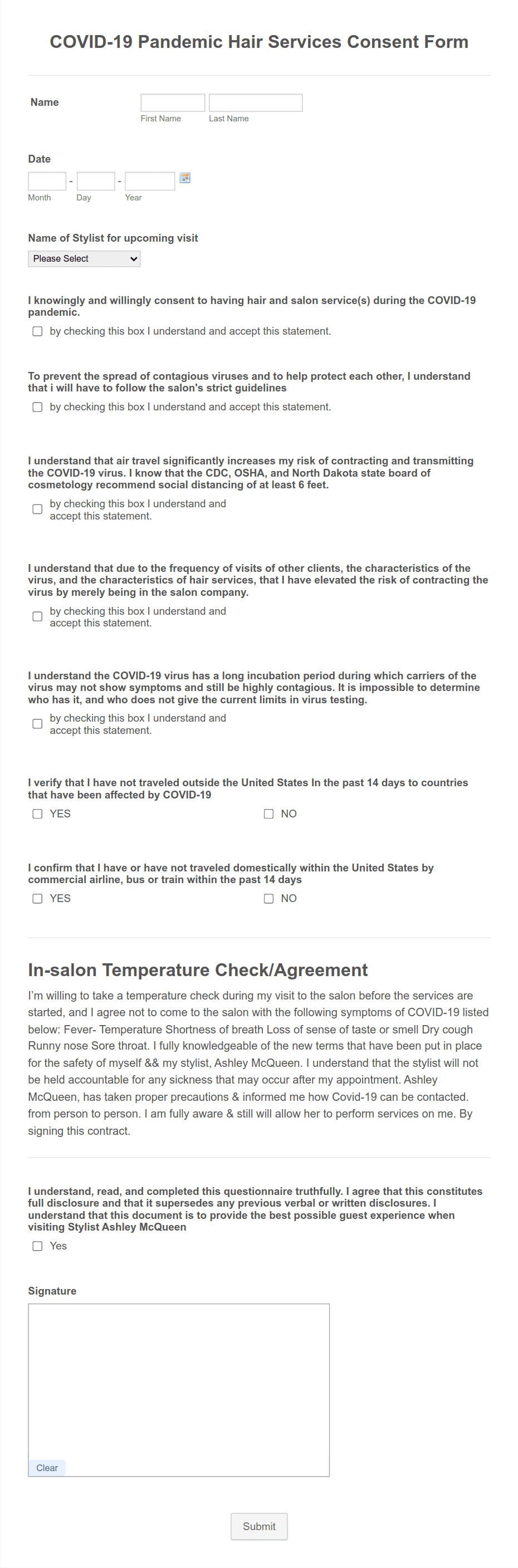 Academy salon Waiver Form Template | Jotform
