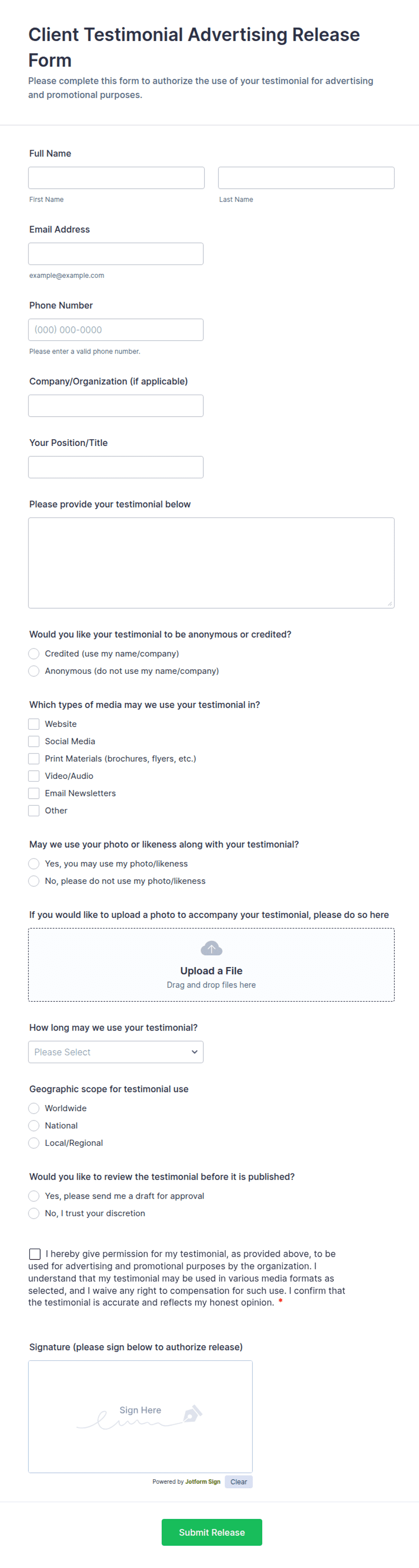 Client Testimonial Advertising Release Form Template | Jotform