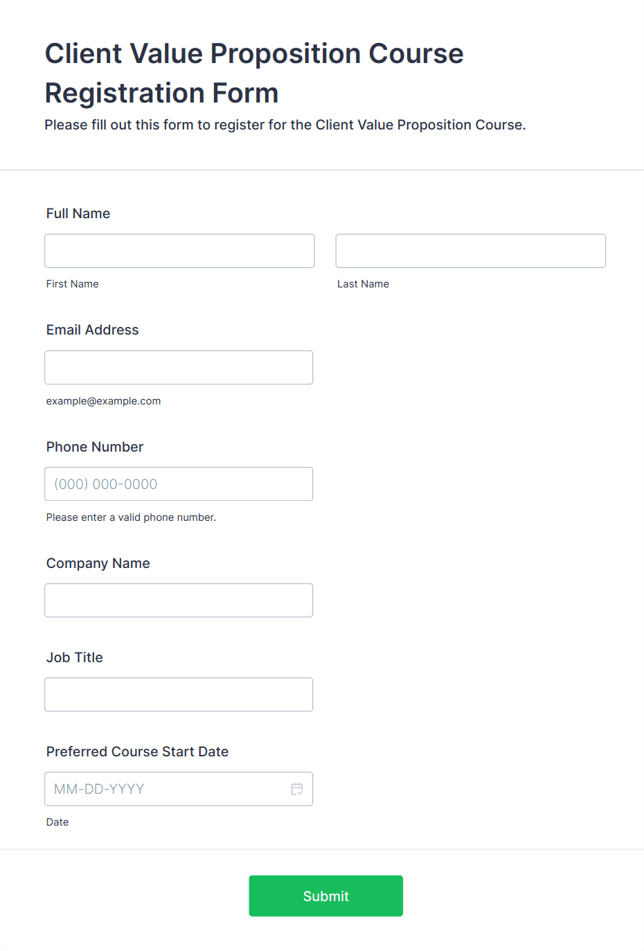 Client Value Proposition Course Registration Form Template | Jotform