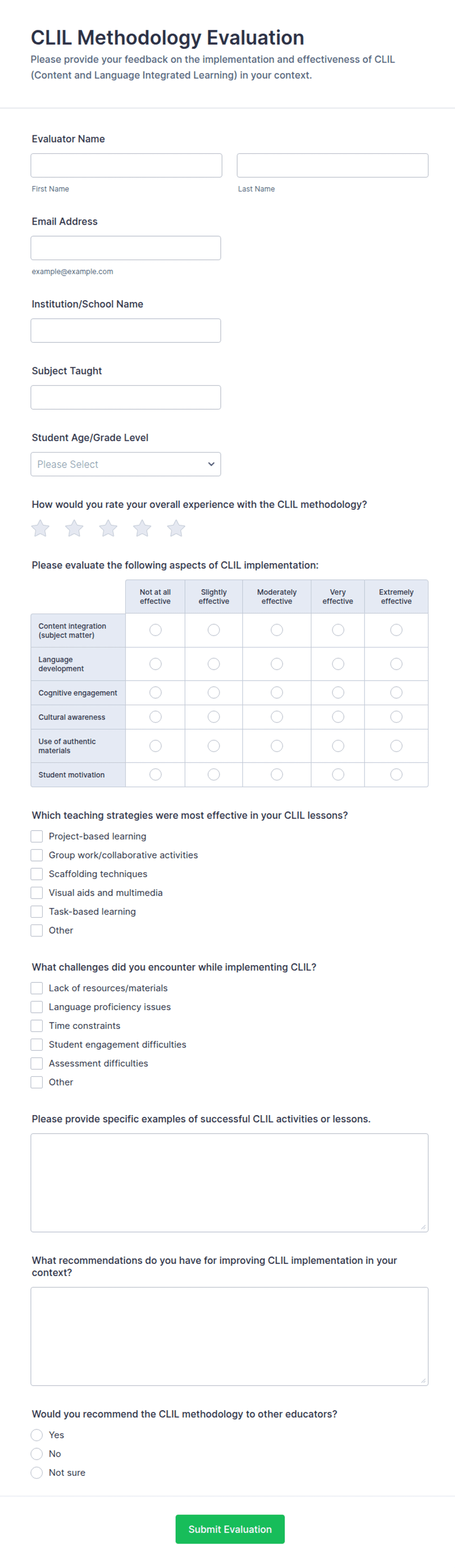 CLIL Methodology Evaluation Form Template | Jotform