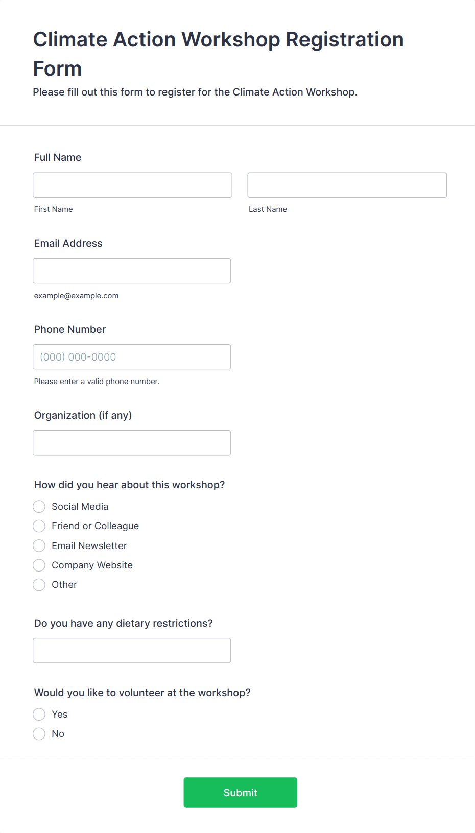 Climate Action Workshop Registration Form Template | Jotform