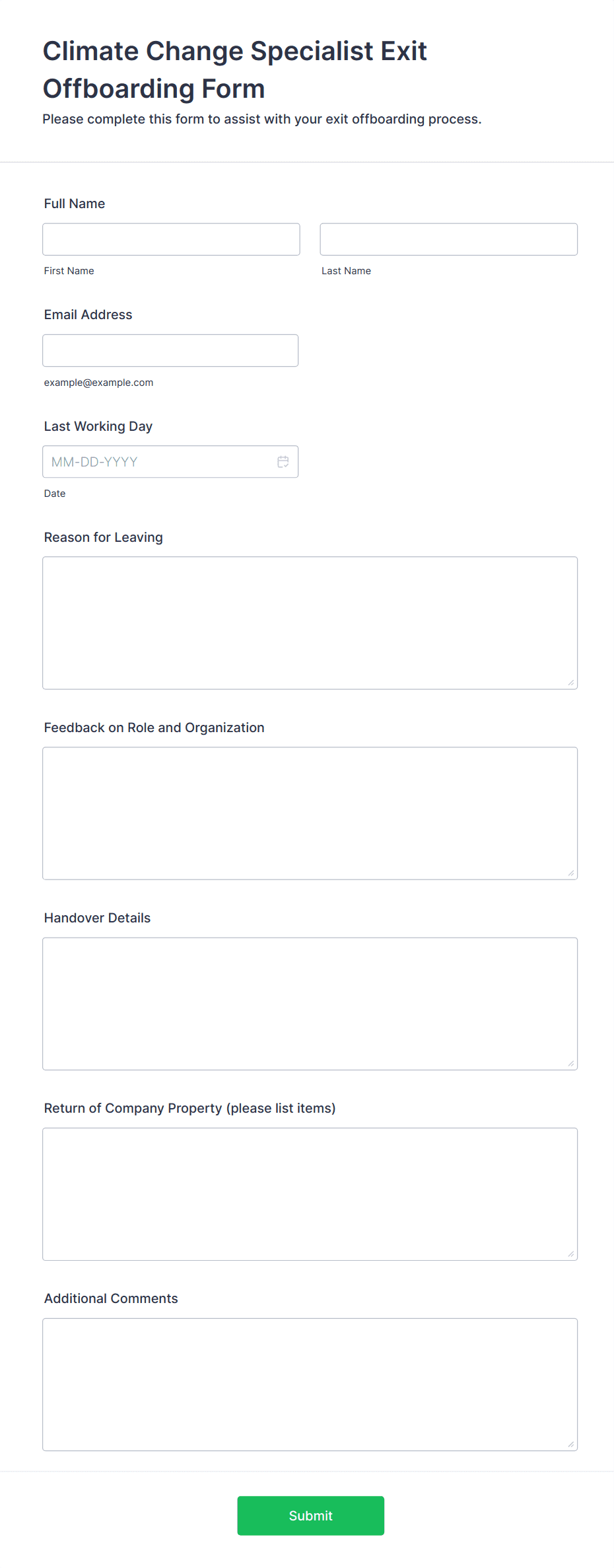 Climate Change Specialist Exit Offboarding Form Template | Jotform