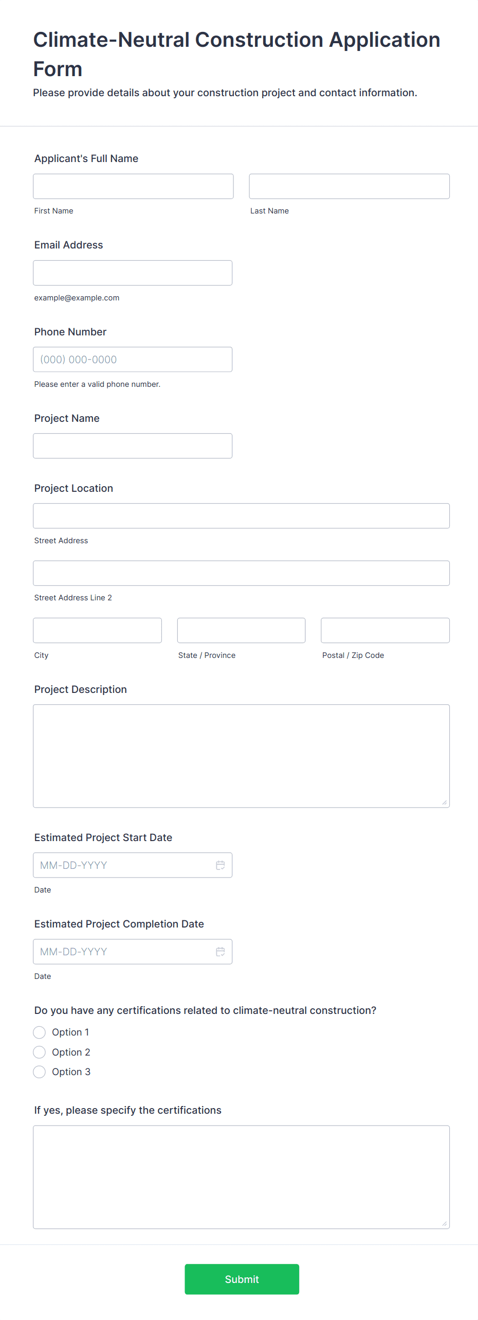 Climate-Neutral Construction Application Form Template | Jotform