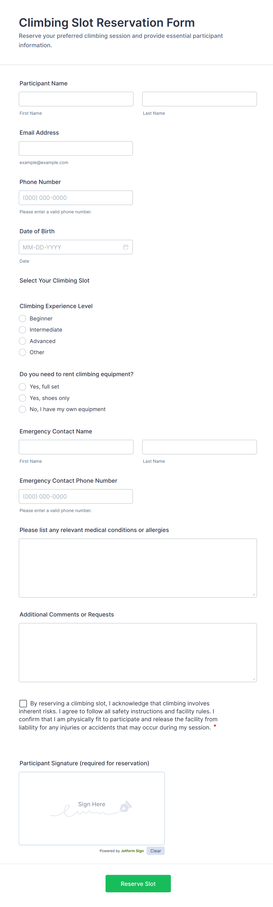 Climbing Slot Reservation Form Template | Jotform