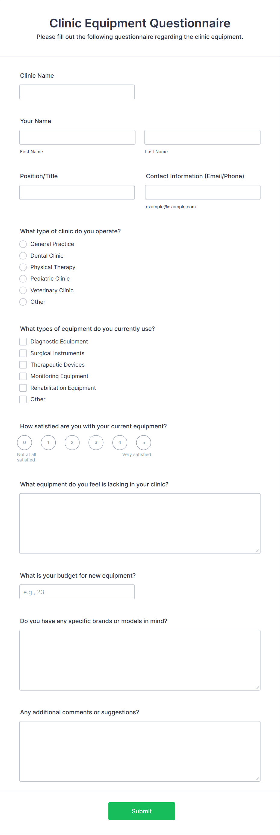 Clinic Equipment Questionnaire Form Template | Jotform