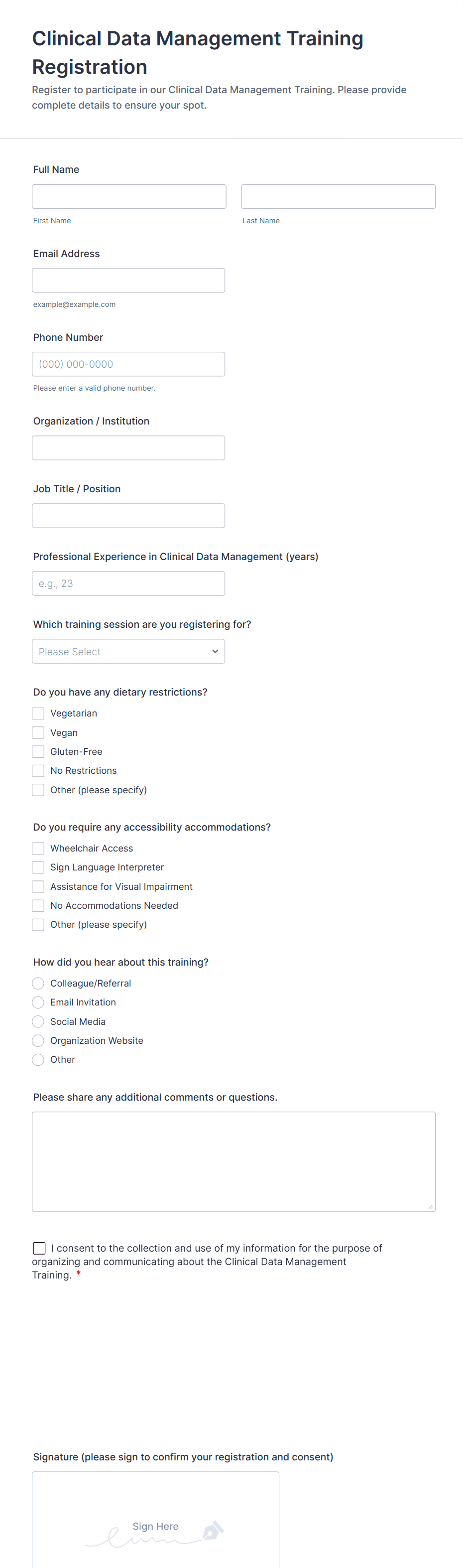 Clinical Data Management Training Registration Form Template | Jotform