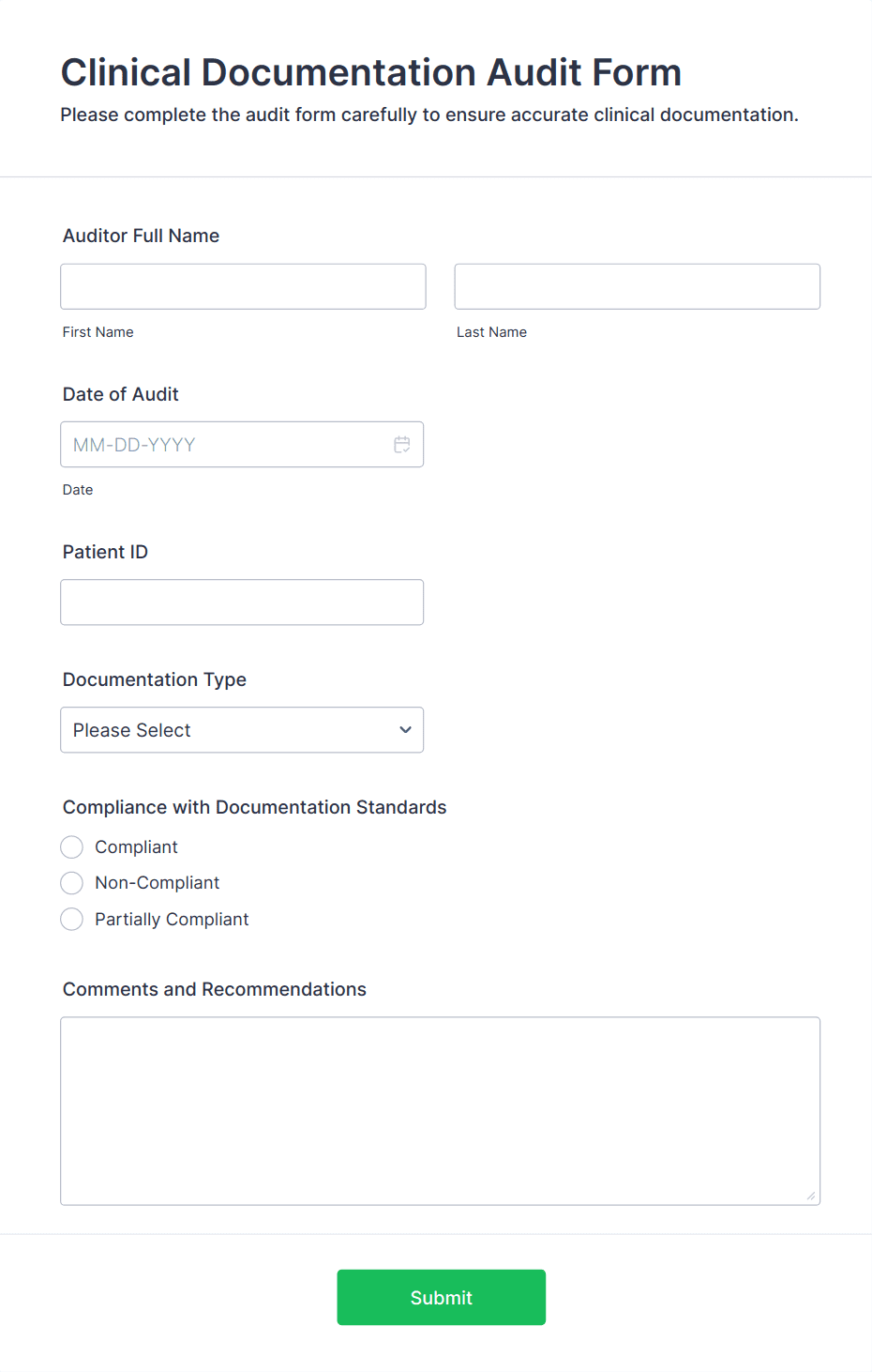 Clinical Documentation Audit Form Template | Jotform