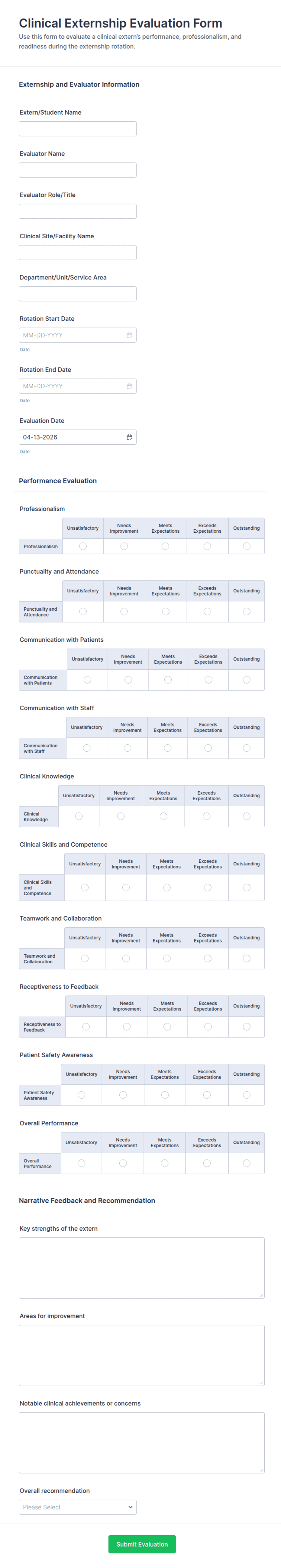 Clinical Externship Evaluation Form Template | Jotform