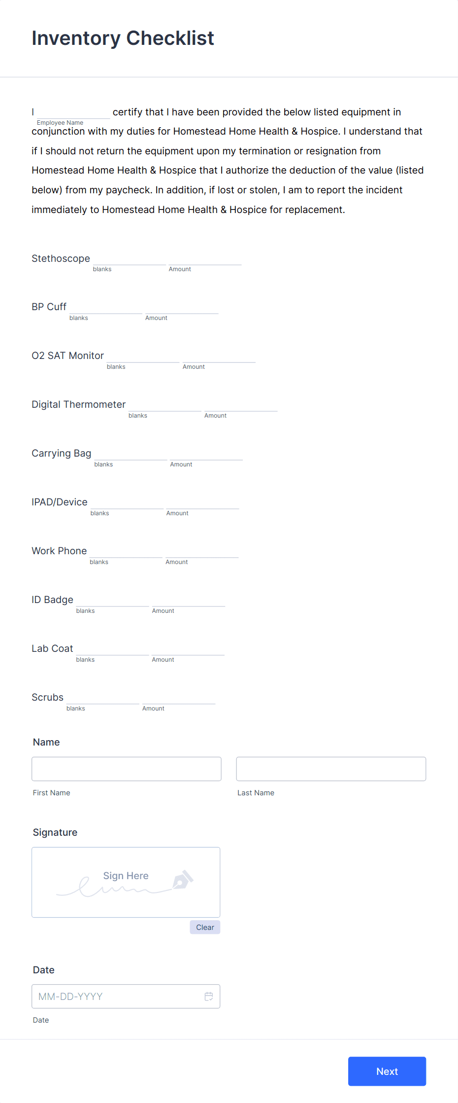 Clinical Inventory Checklist and Agreement Form Template | Jotform