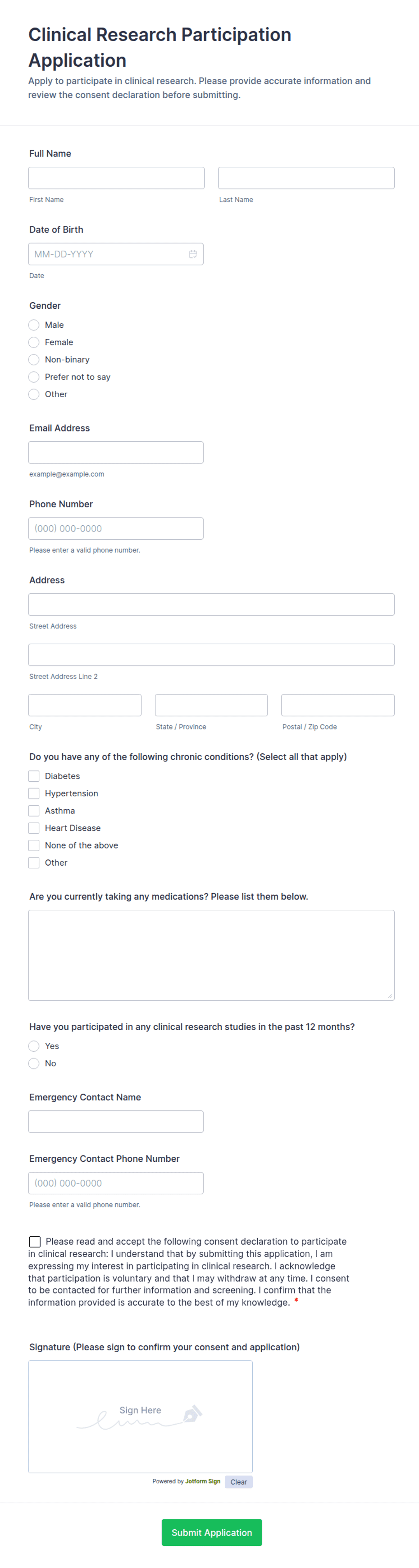 Clinical Research Participation Application Form Template | Jotform