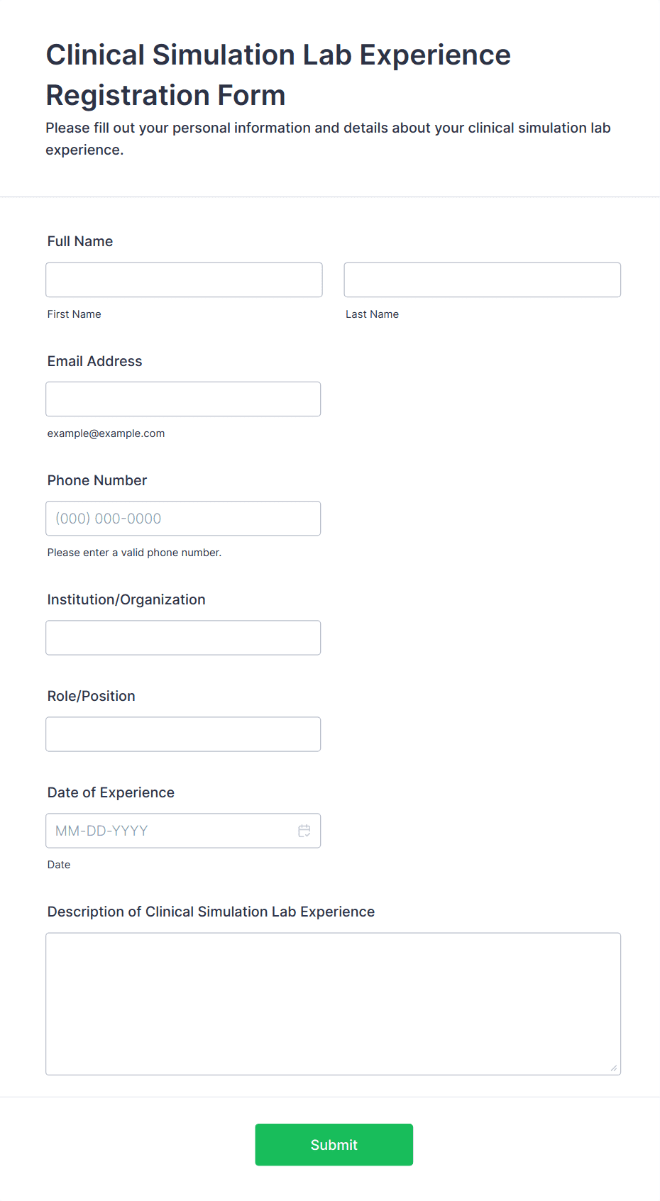 Clinical Simulation Lab Experience Registration Form Template | Jotform