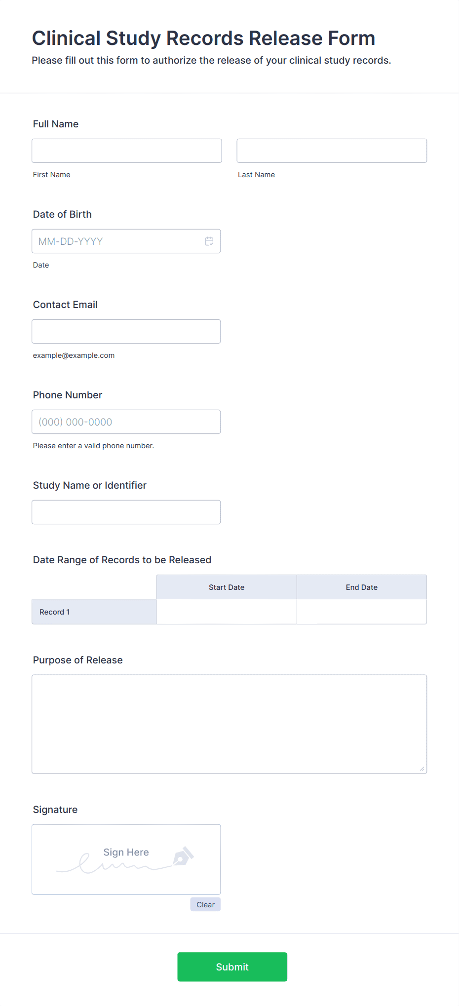 Clinical Study Records Release Form Template | Jotform