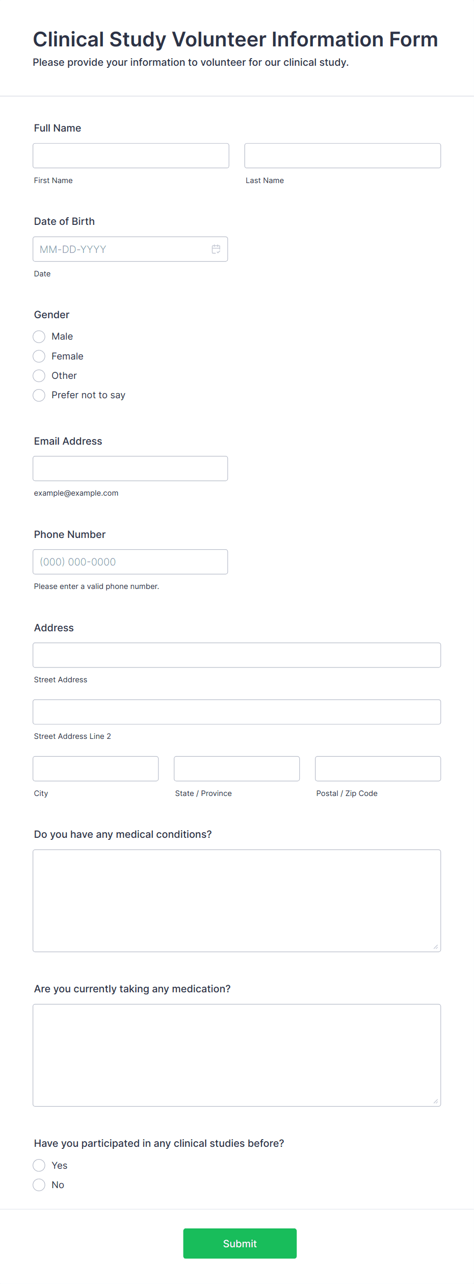 Clinical Study Volunteer Information Form Template | Jotform