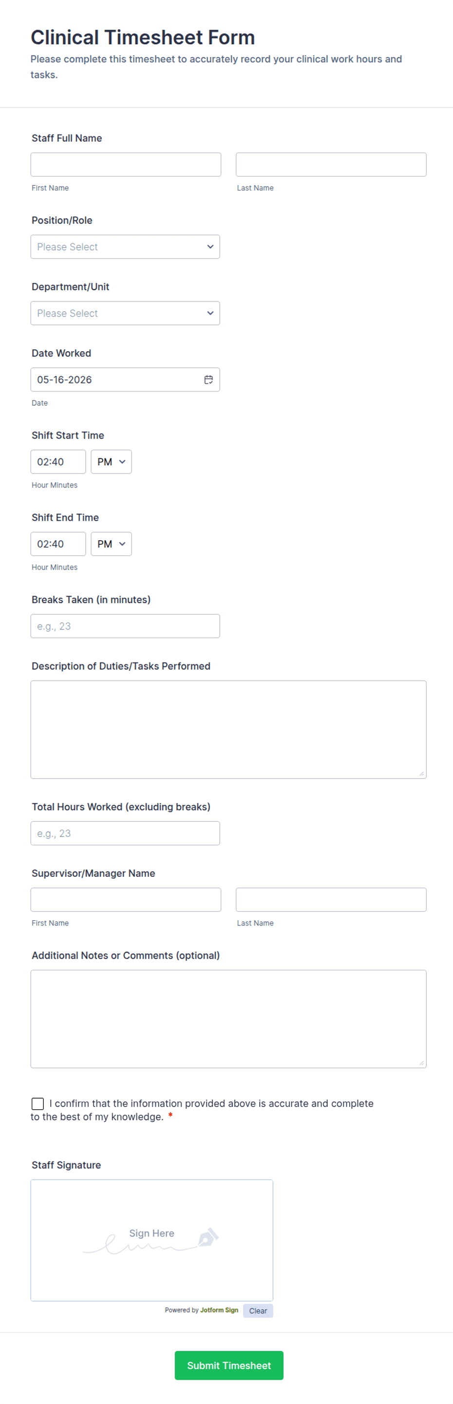 Clinical Timesheet Form Template | Jotform