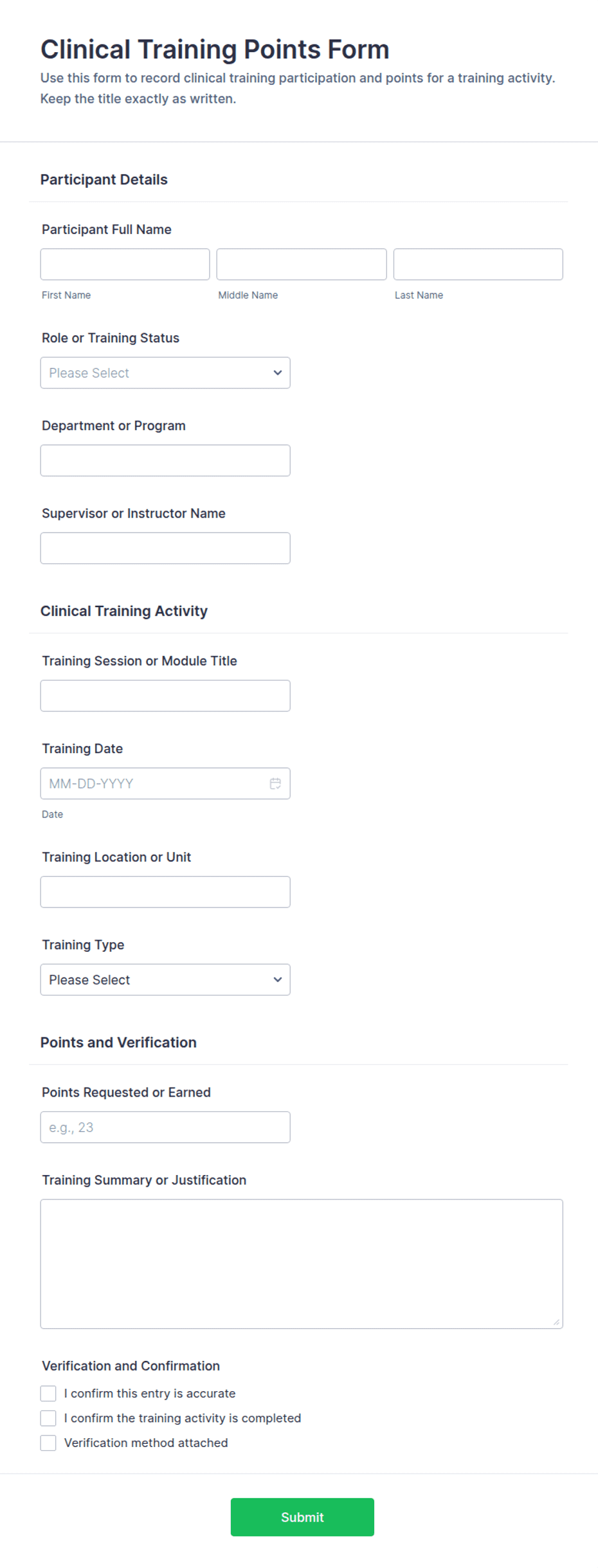 Clinical Training Points Form Template | Jotform