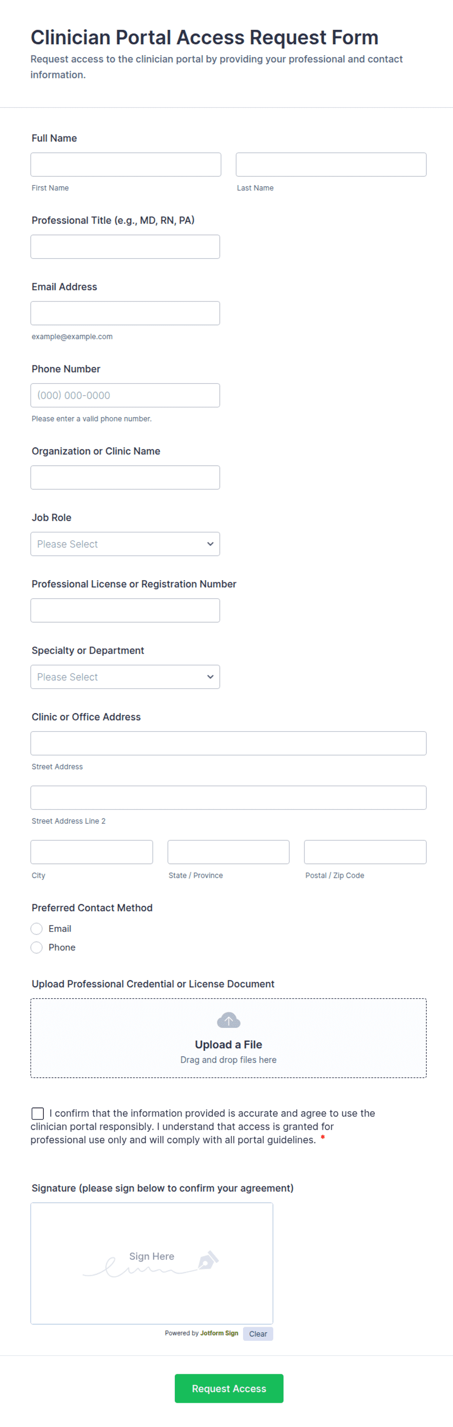 Clinician Portal Access Request Form Template | Jotform