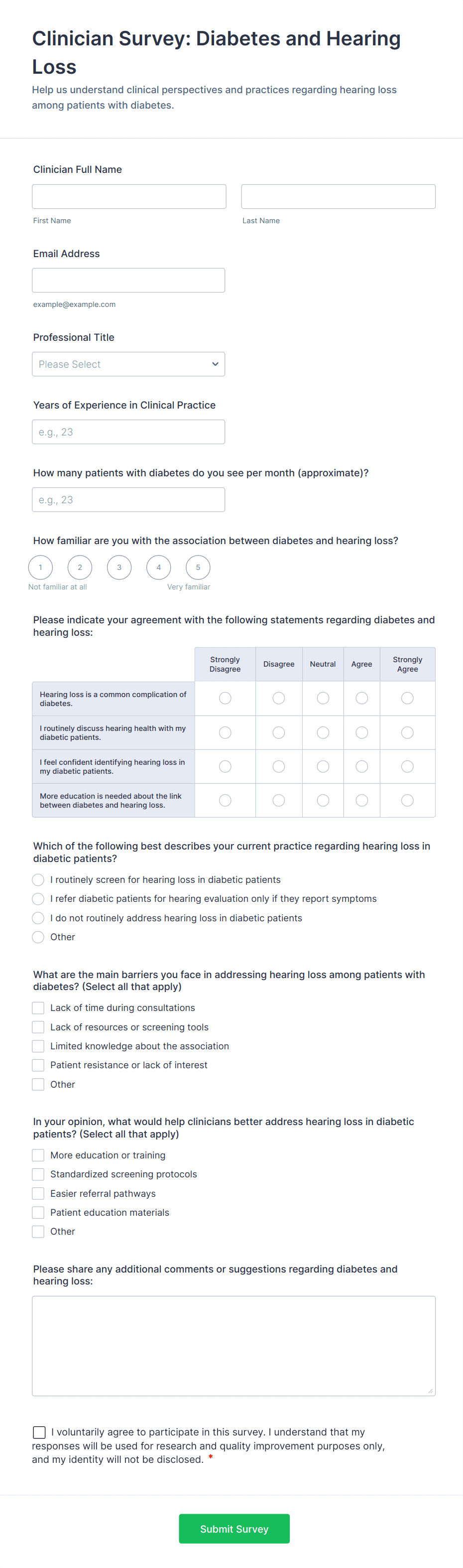 Clinician Survey: Diabetes and Hearing Loss Form Template | Jotform
