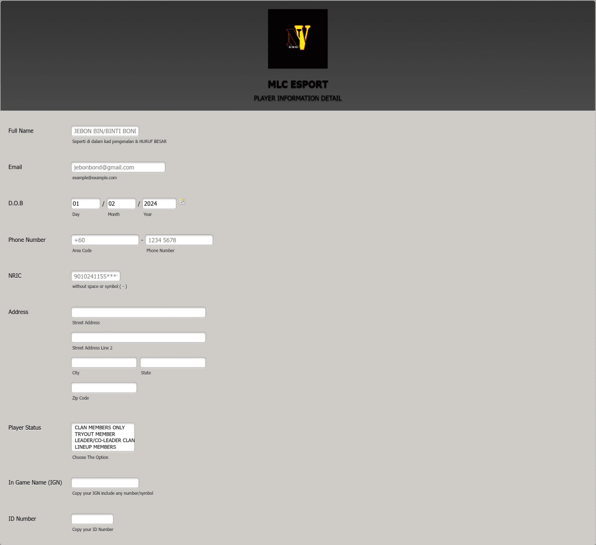 Clone of PLAYER INFORMATION DETAIL of MLC ESPORT Form Template | Jotform