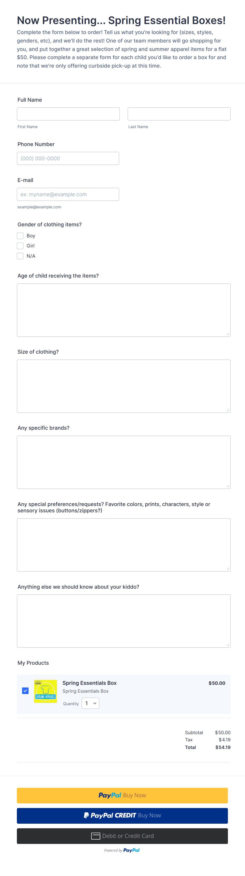 Clone of Spring Essentials Box Order From Form Template | Jotform