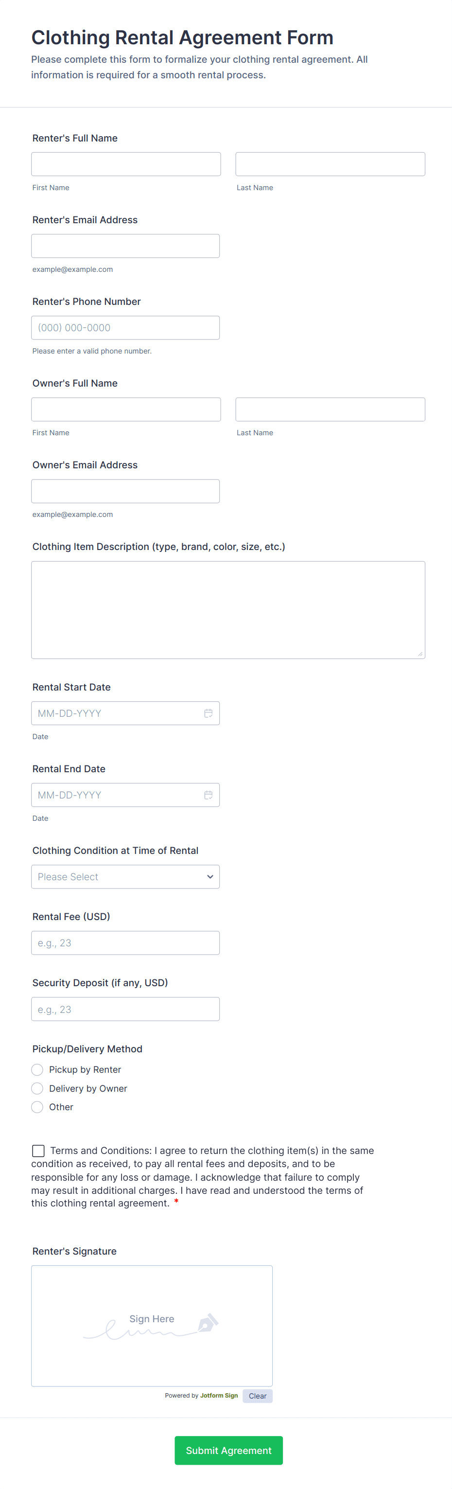 Clothing Rental Agreement Form Template | Jotform
