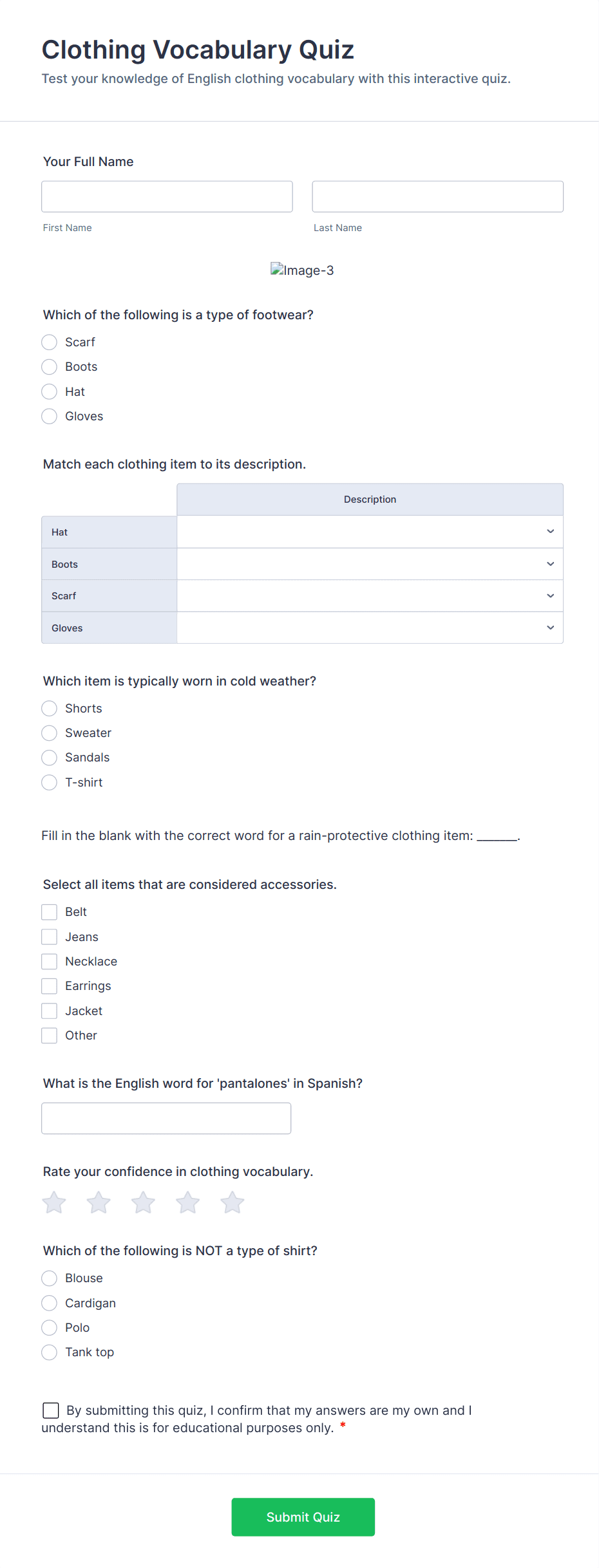 Clothing Vocabulary Quiz Form Template | Jotform