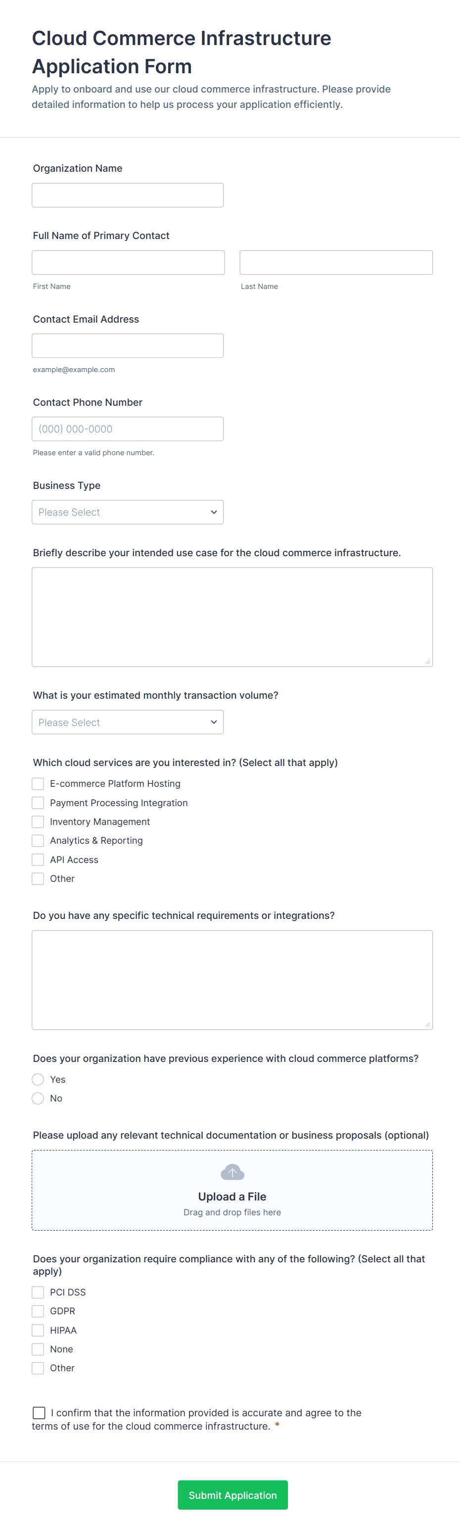 Cloud Commerce Infrastructure Application Form Template | Jotform